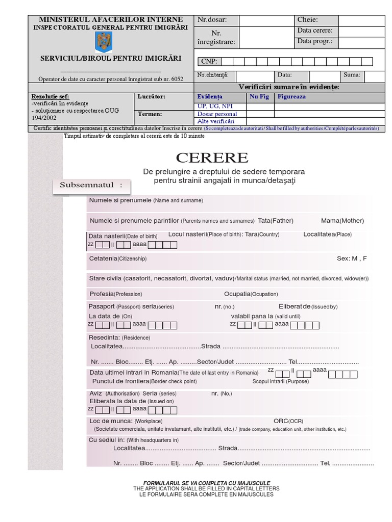 Cerere de Prelungire A Dreptului de Sedere Temporara in Scop de Munca ...
