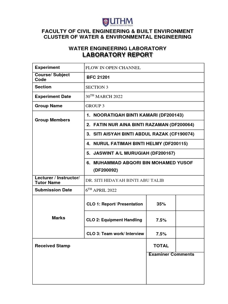 GP3 Flow in Open Channel Lab Report | PDF | Fluid Mechanics | Civil ...