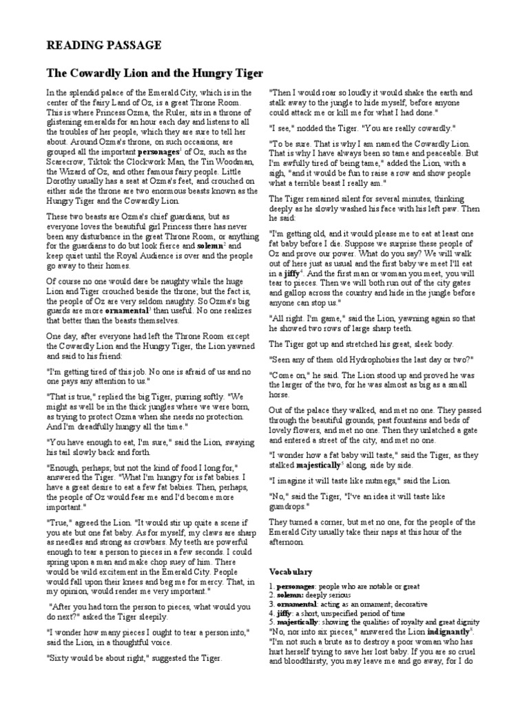 Reading Passage The Cowardly Lion and The Hungry Tiger: Vocabulary ...