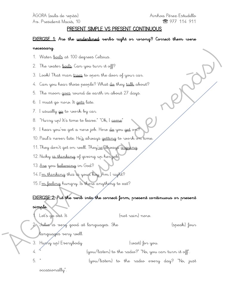 Present Simple vs Continuous Exercises | PDF | Self-Improvement