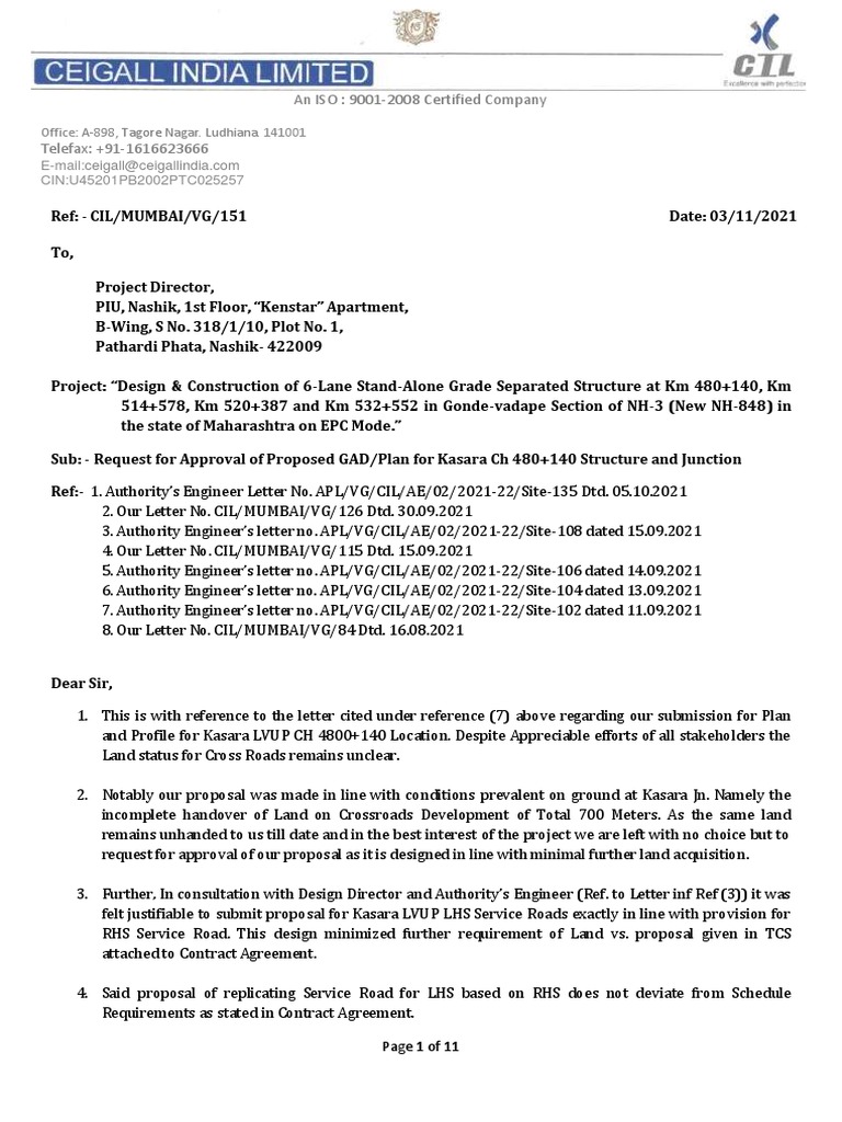 Out - 151 - Cil - To - Authority - Kasara Proposal No Cost Claim | PDF | Asphalt | Concrete