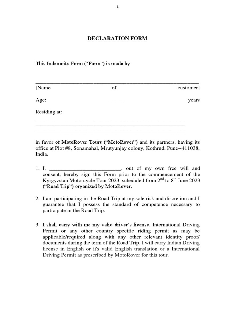 Kyrgyzstan Motorcycle Tour 2023 Declaration Form | PDF | Indemnity ...