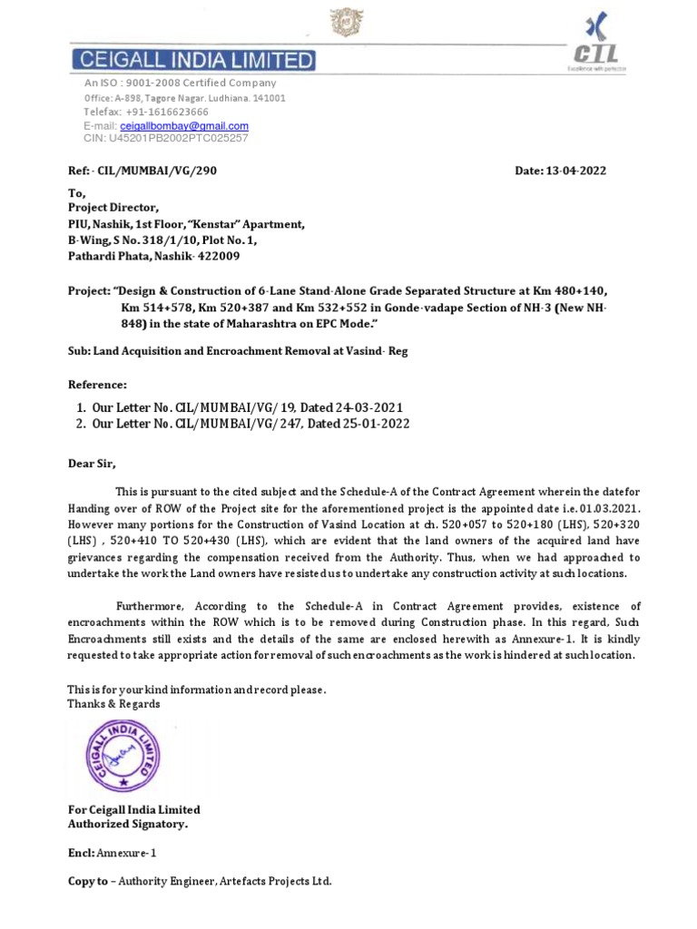 OUT - 290 - CIL TO NHAI - Land Acquisition and Encroachment Removal at ...
