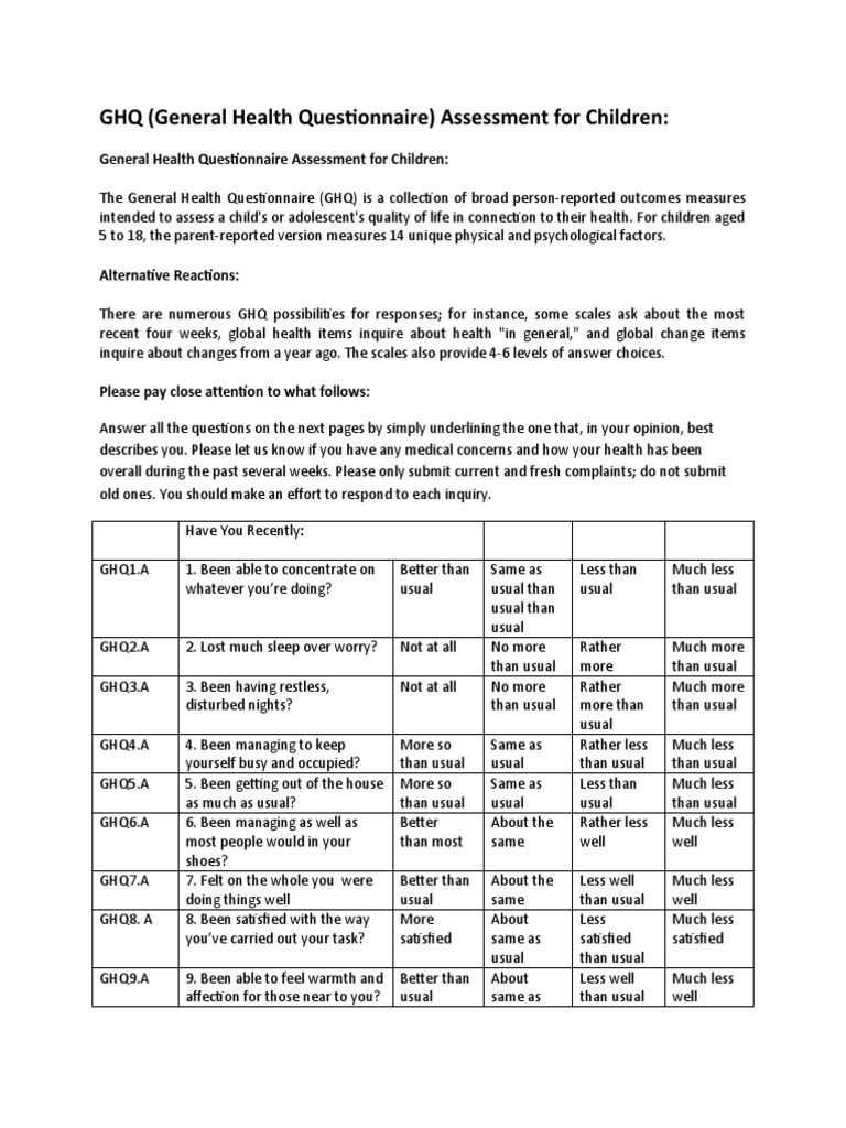 General Health Questionnaire Assessment For Children | PDF | Anxiety ...