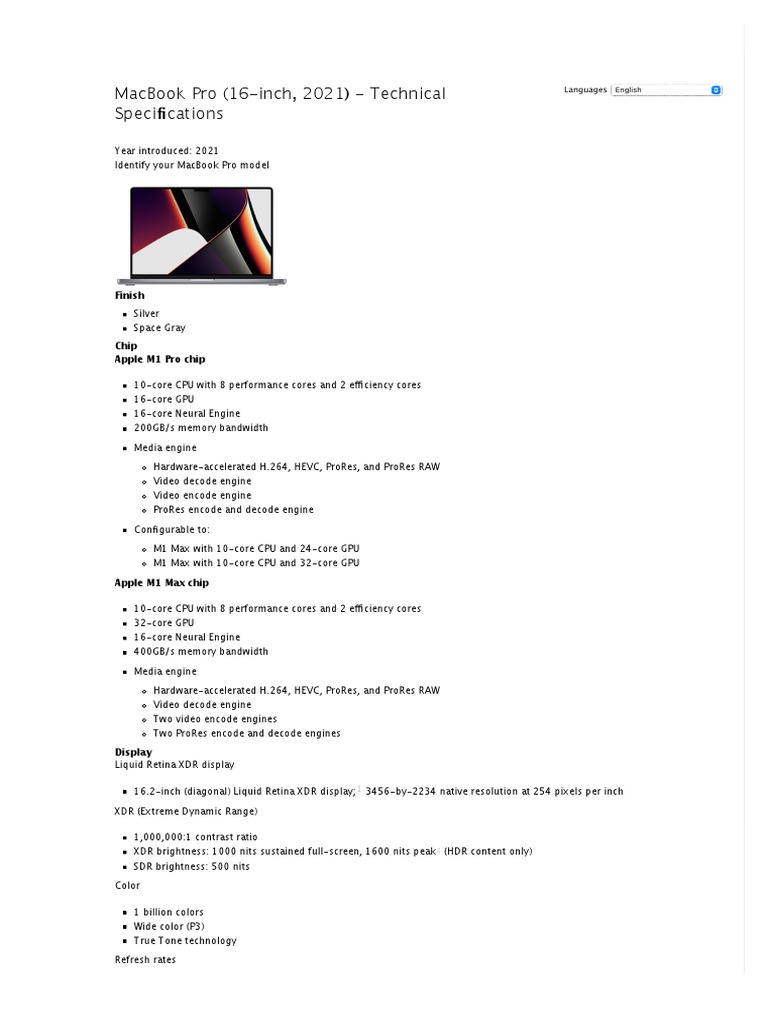 Macbook Pro (16-Inch, 2021) - Technical Specifications: Finish | PDF