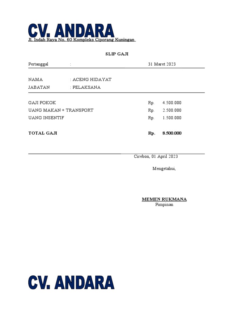 Slip Gaji Karyawan Aceng Hidayat | PDF