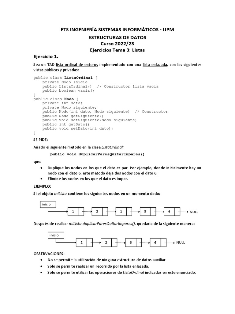 ED 3 Ejercicios. Listas | Descargar gratis PDF | Cola (tipo de datos abstractos) | Constructor ...