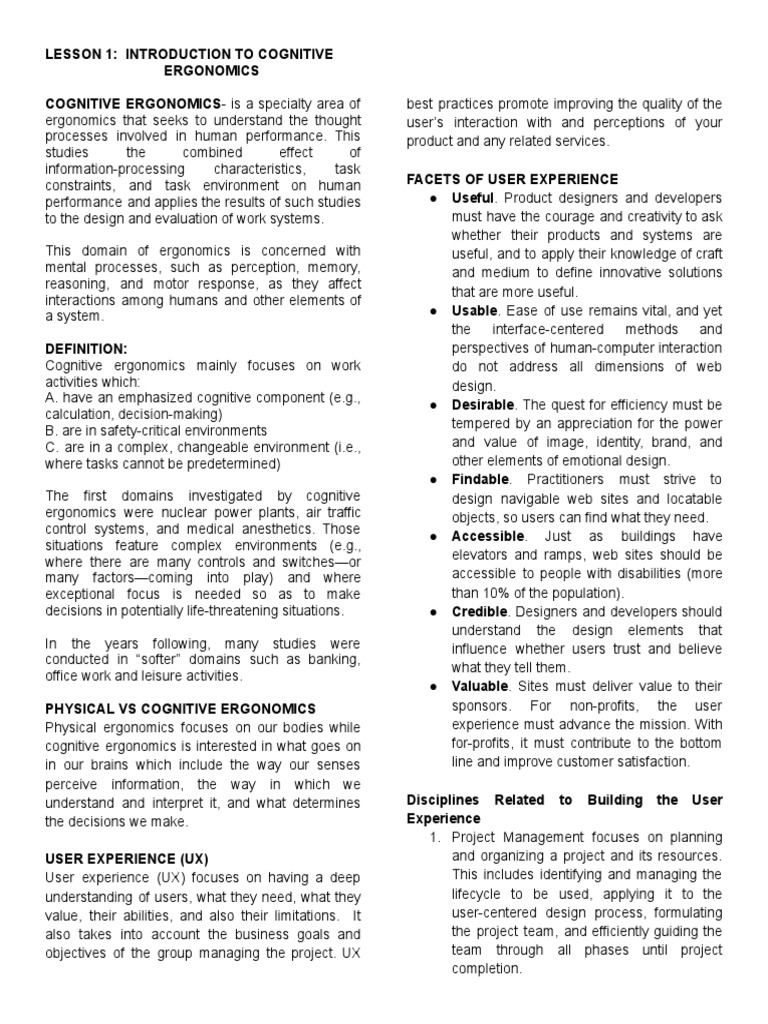 Lesson 1: Introduction To Cognitive Ergonomics COGNITIVE ERGONOMICS-is A Specialty Area of | PDF ...