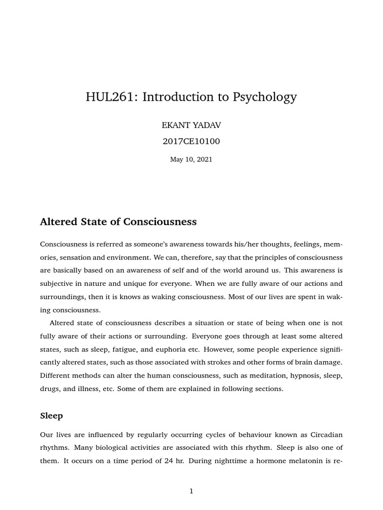 HUL261: Introduction To Psychology: Altered State of Consciousness ...