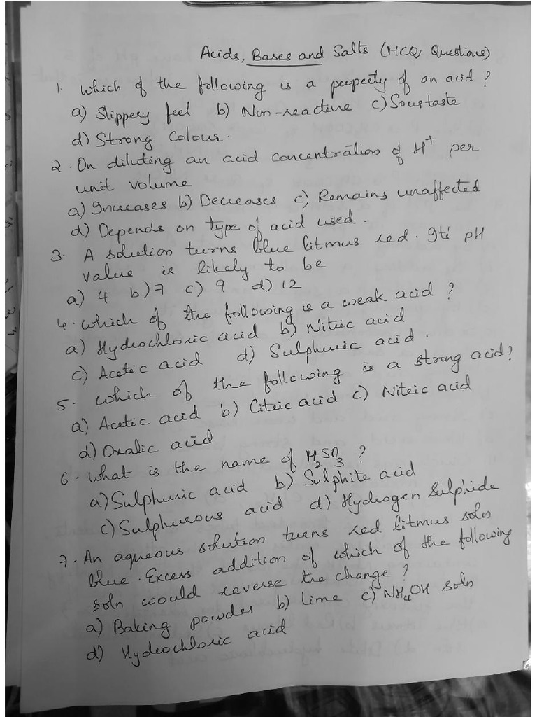 Acids, Bases and Salts MCQ | PDF