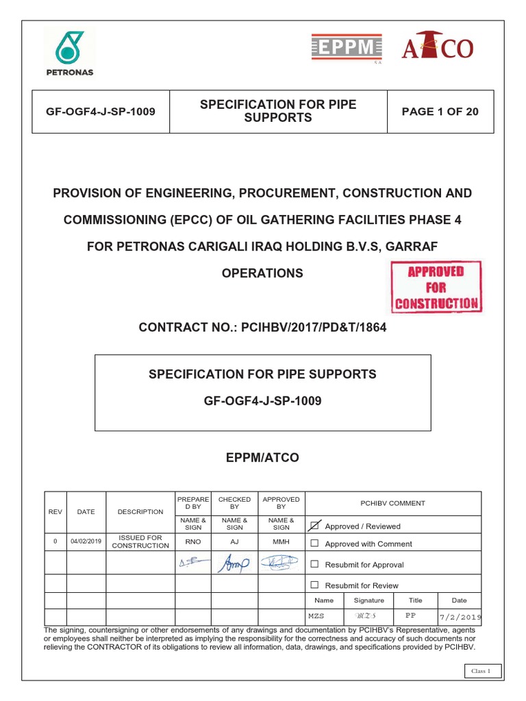 GF-OGF4-J-SP-1009 - Specification For Pipe Supports - Rev 0 - AFC | PDF