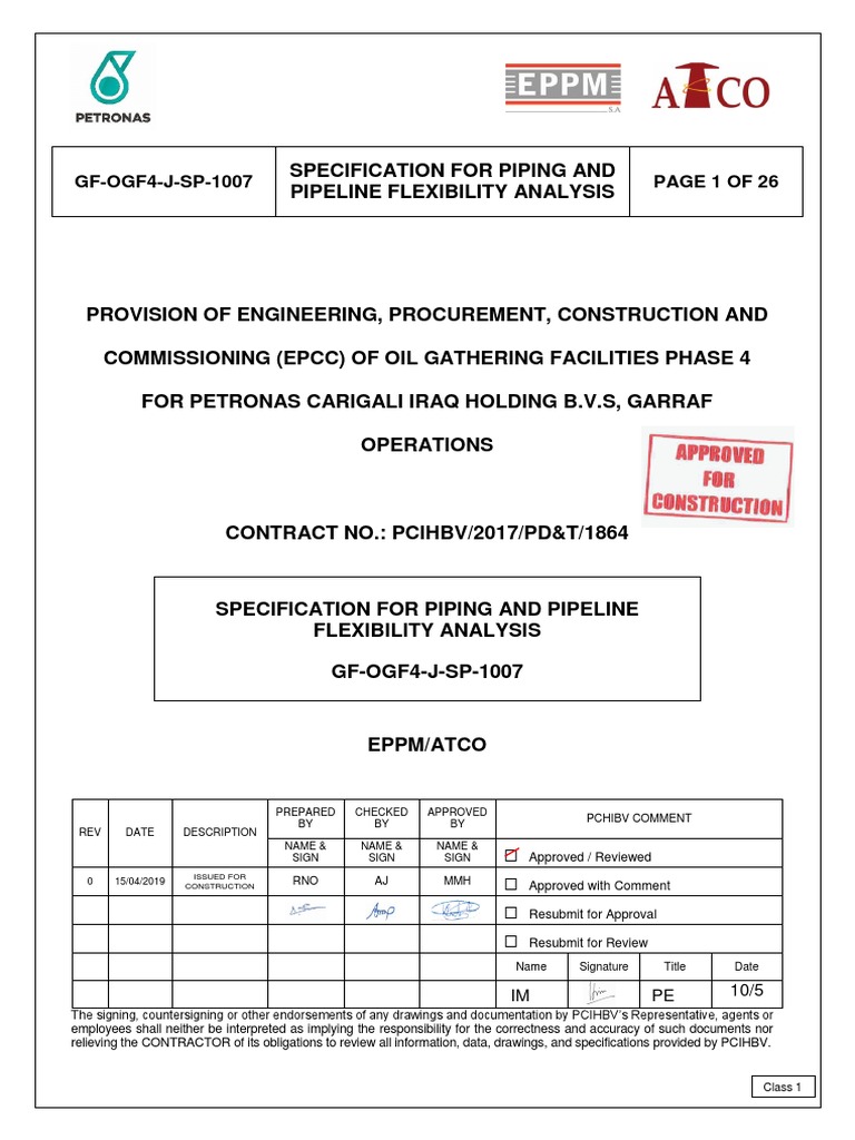 GF-OGF4-J-SP-1007 - Specification For Piping & Pipeline Flexibility Analysis - Rev 0 - AFC | PDF ...