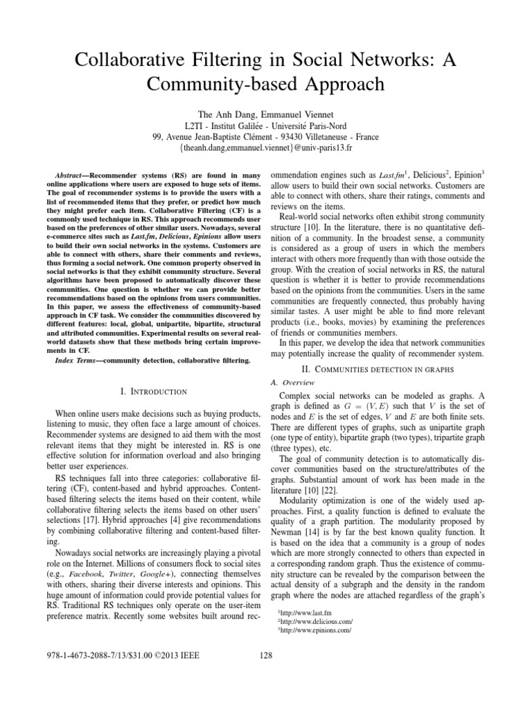 Collaborative Filtering in Social Networks: A Community-Based Approach | PDF