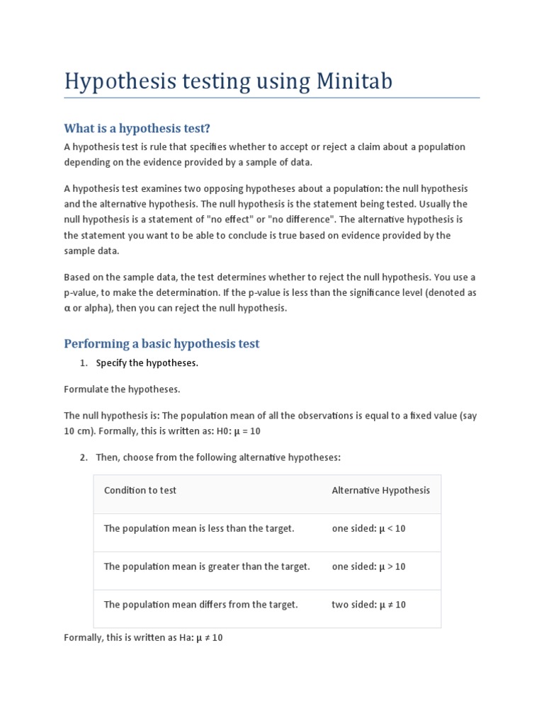 Hypothesis Testing Using Minitab | PDF | Student's T Test | P Value