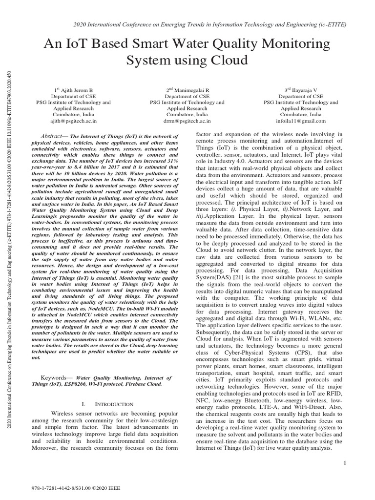 An Iot Based Smart Water Quality Monitoring System Using Cloud | PDF ...