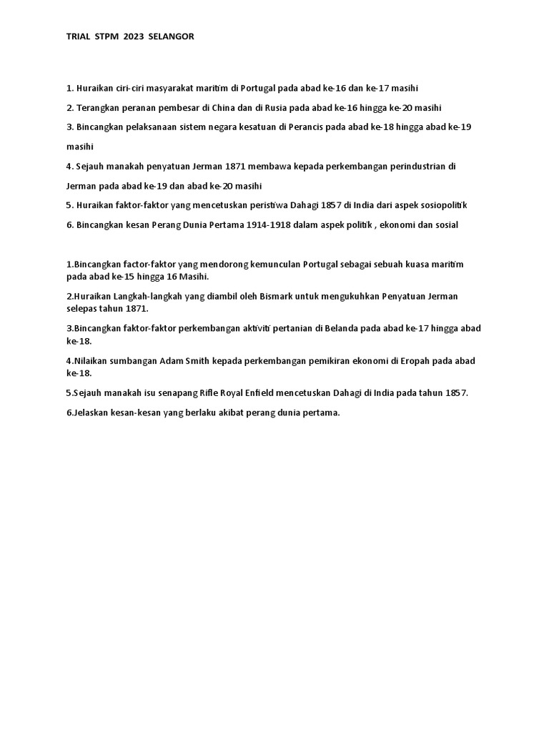 Soalan Trial Sejarah STPM 2023 | PDF