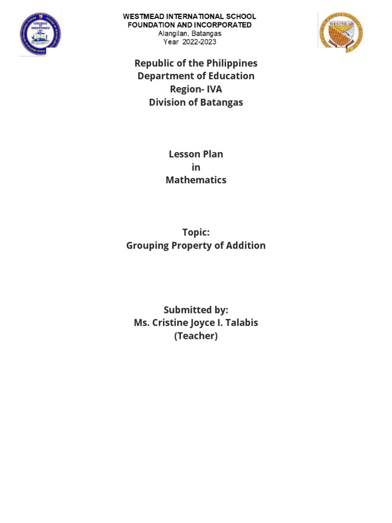 Lesson Plan - Groupings Property of Addition | PDF