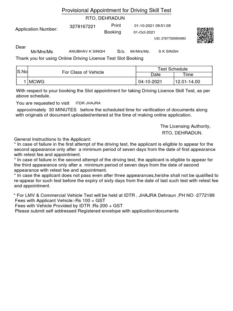 Provisional Appointment For Driving Skill Test | PDF