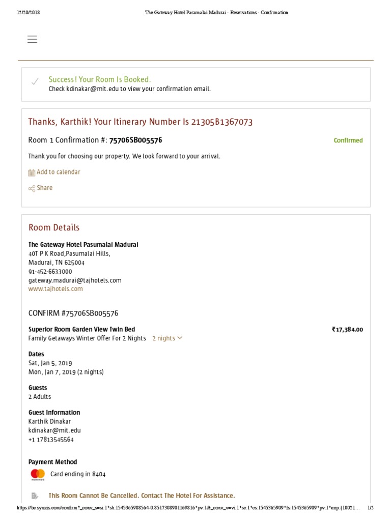 Thanks, Karthik! Your Itinerary Number Is 21305B1367073 | PDF ...