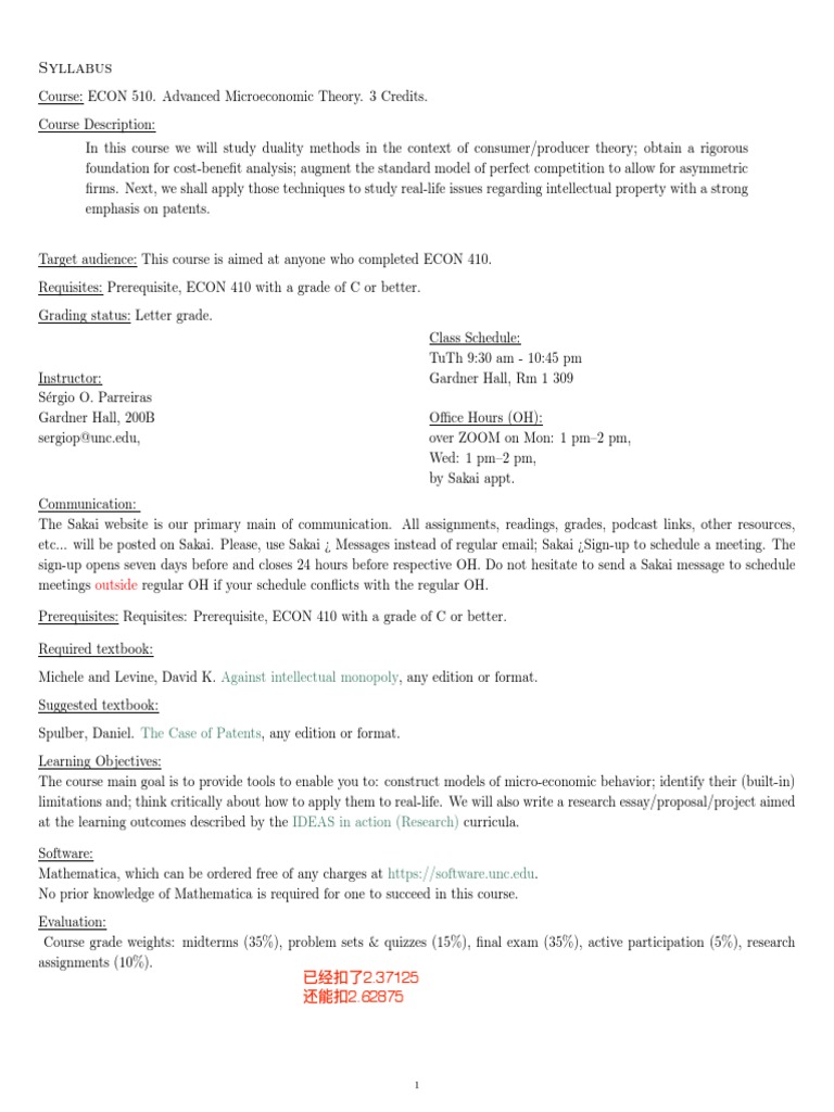 UNC ECON510 - FALL22 - Syllabus | PDF | Violence | Discrimination