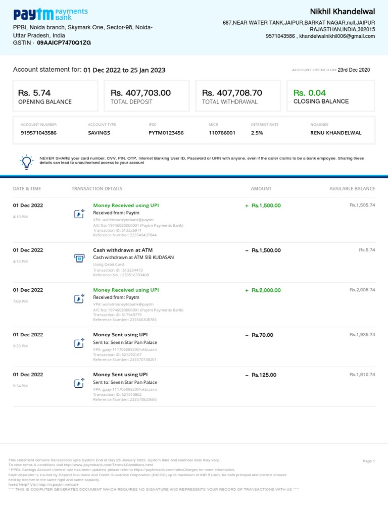 Account Statement 011222 250123 | PDF | Deposit Account | Debit Card