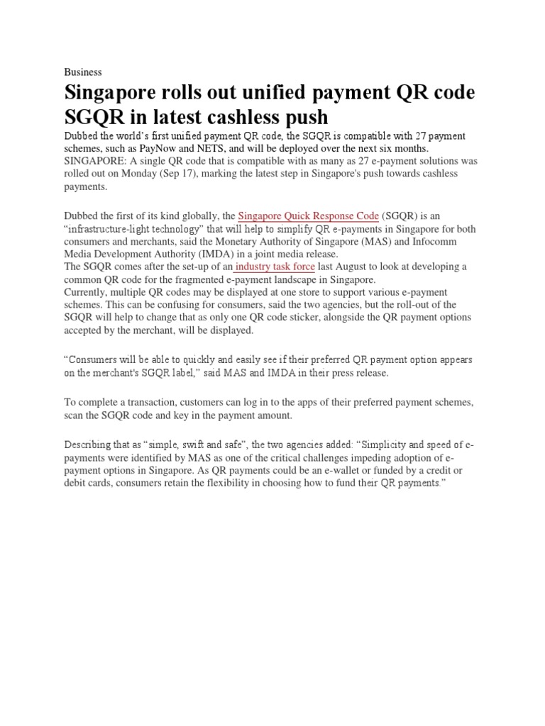 SGQR Singapore's unified QR payment code simplifies cashless ...