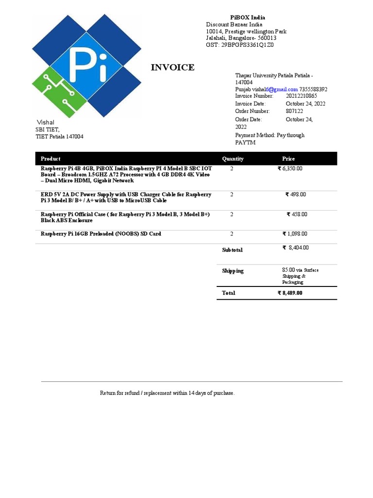 PiBOX India Invoice-20190910754 (Updated) | PDF | Raspberry Pi ...