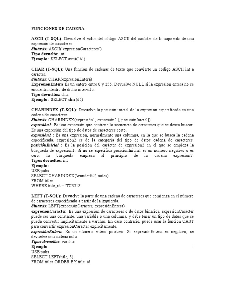 Funciones de Cadena - SQL Server | PDF | Notación | Áreas de informática