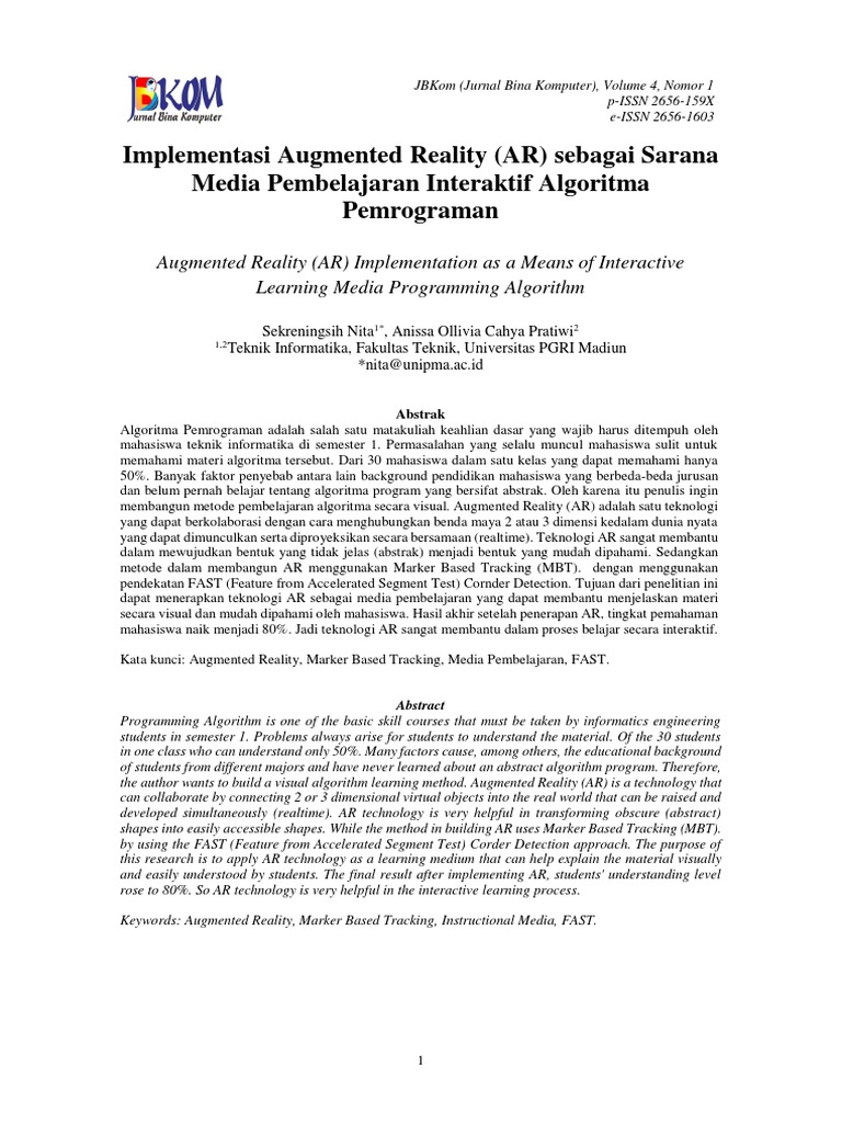 Implementasi Augmented Reality (AR) Sebagai Sarana Media Pembelajaran Interaktif Algoritma ...