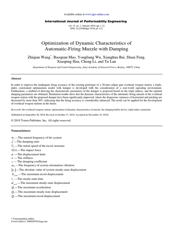 Optimization of Dynamic Characteristics of Automatic-Firing Muzzle With Damping | PDF | Damping ...