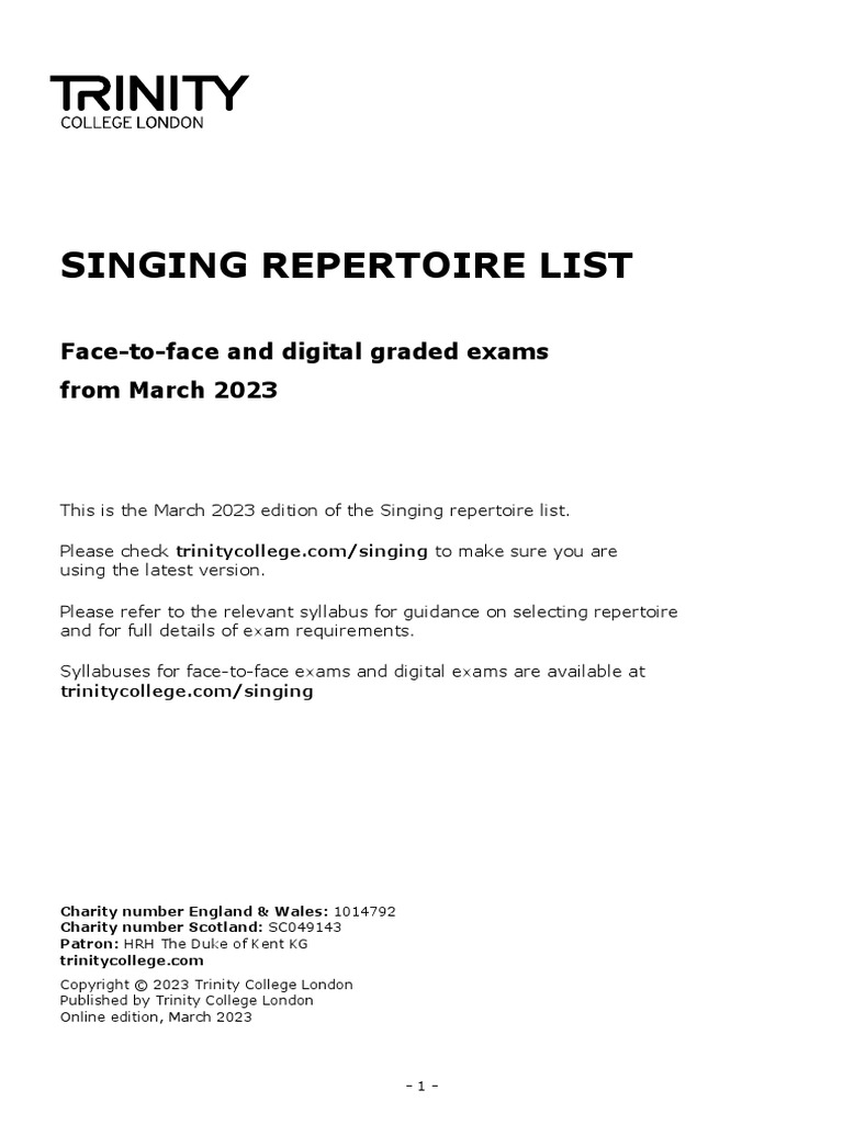 Singing Repertoire List: Face-To-Face and Digital Graded Exams From ...
