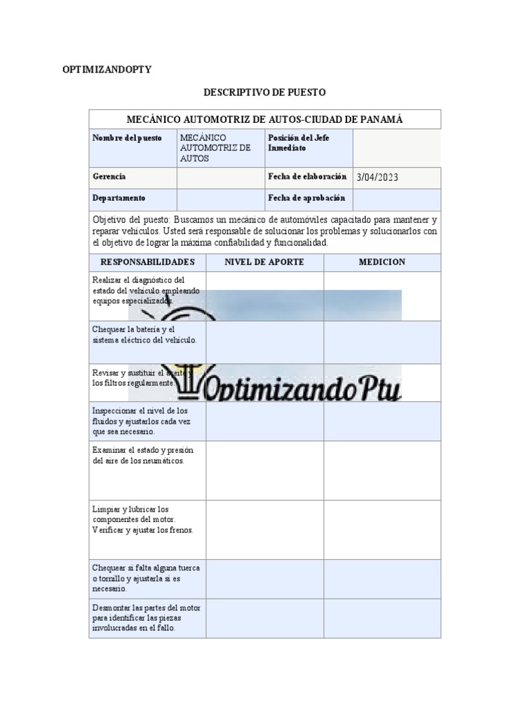 Descripción de Puesto: Mecánico Automotriz | PDF | Coche | Servicio al Cliente