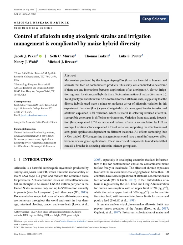 Control of Aflatoxin Using Atoxigenic Strains and Irrigation Management | PDF | Maize | Plant ...