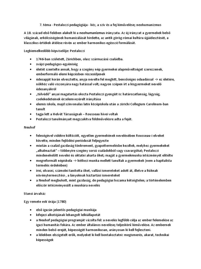 Téma - Pestalozzi Pedagógiája - Kéz, A Szív És A Fej Kiművelése | PDF