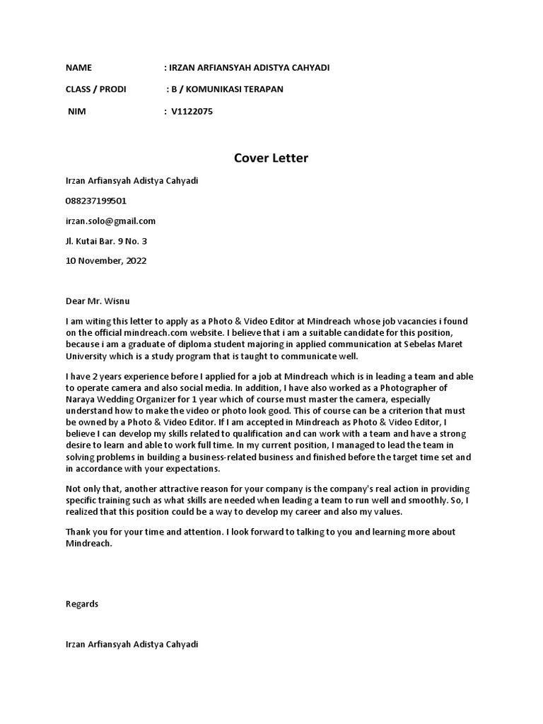 Cover Letter Irzan A. A. C. V1122075 | PDF