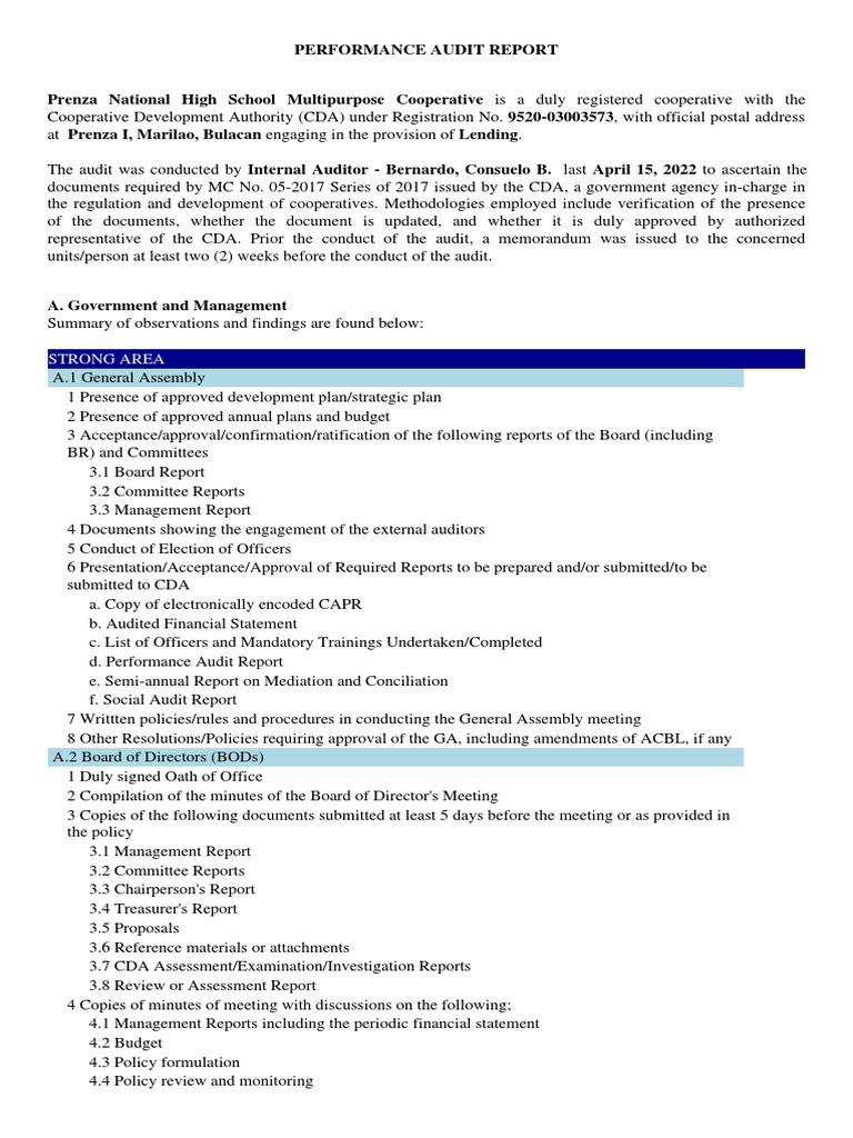 Performance Audit Report: Strong Area | PDF | Audit | Board Of Directors