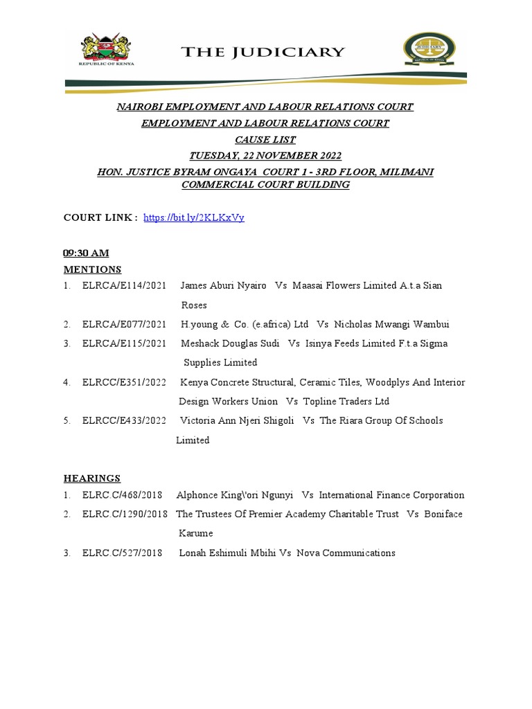 Court Link: 09:30 AM Mention S | PDF | Kenya | Nairobi
