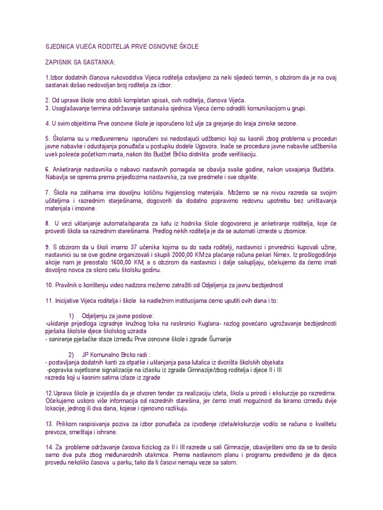 Zapisnik Sjednice VIJEĆA RODITELJA PRVE OSNOVNE ŠKOLE | PDF