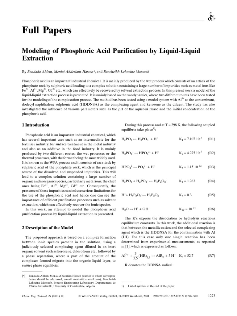 Full Papers: Modeling of Phosphoric Acid Purification by Liquid-Liquid Extraction | PDF ...