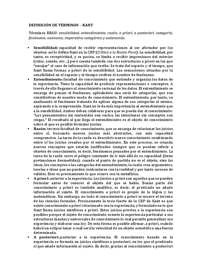 Conceptos Kant | PDF | A priori y a posteriori | Immanuel Kant