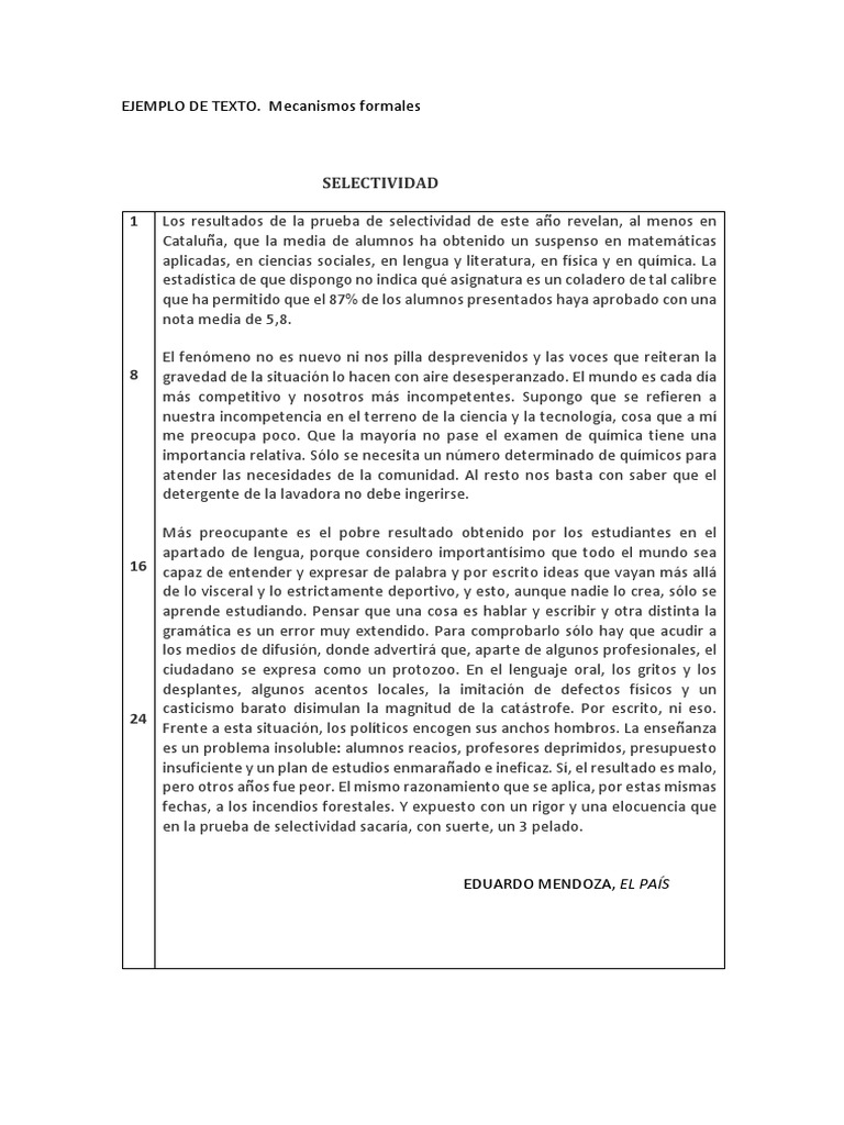 Selectividad 1: EJEMPLO DE TEXTO. Mecanismos Formales | PDF | Estadísticas | Léxico