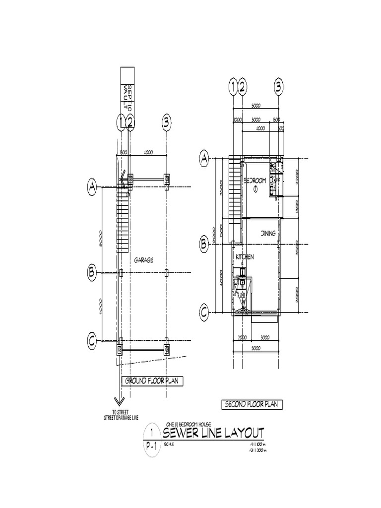 Proposed Sewer Line Layout and Floor Plans for a One Bedroom House ...