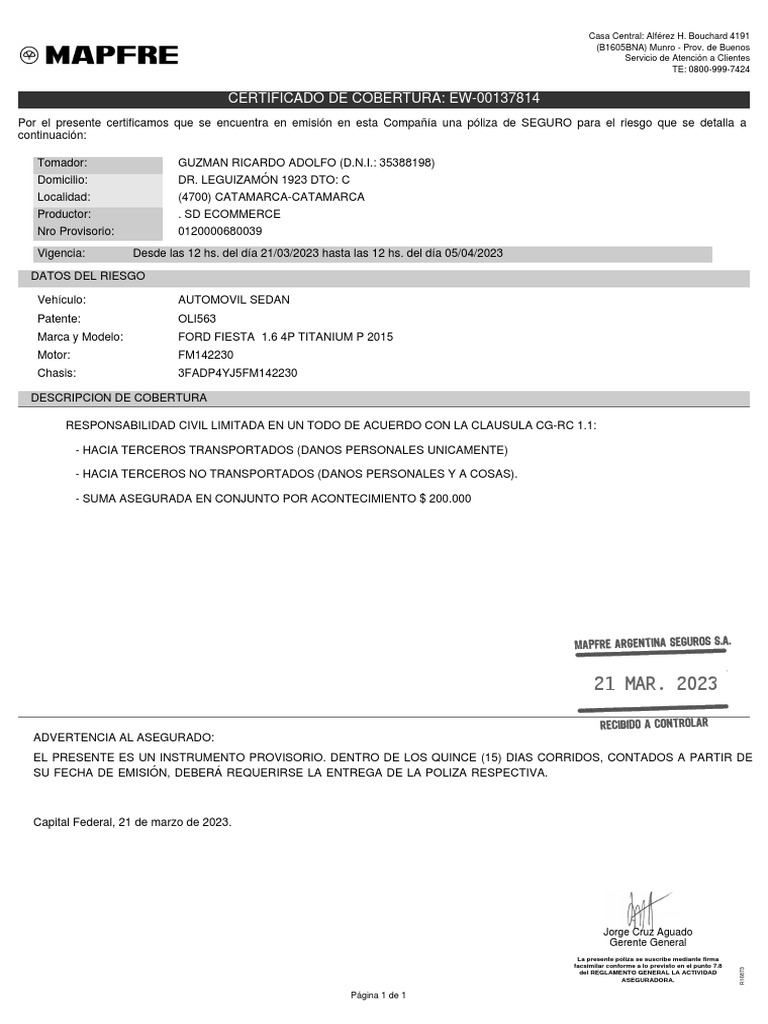 Certificado de cobertura de seguro de automóvil para Ricardo Guzmán | PDF | Tecnología de ...