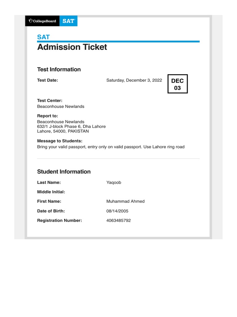Admission Ticket: Test Information | PDF