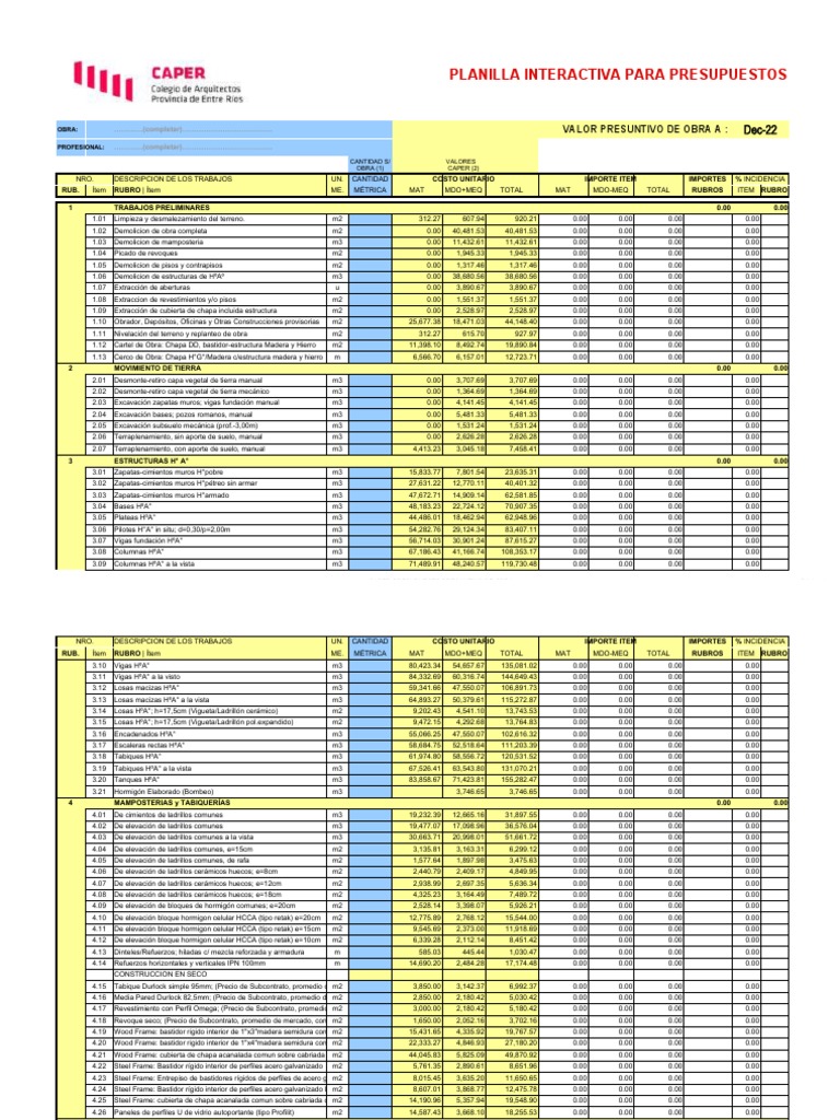 Planilla Interactiva para Presupuestos: (Completar) .. (Completar) . | PDF | Carpintería ...
