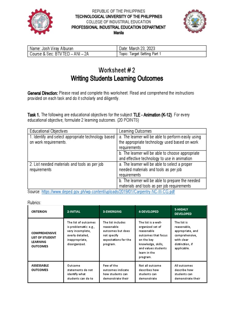 WORKSHEET 2 - Writing Students Learning Outcomes | PDF | Learning | Communication