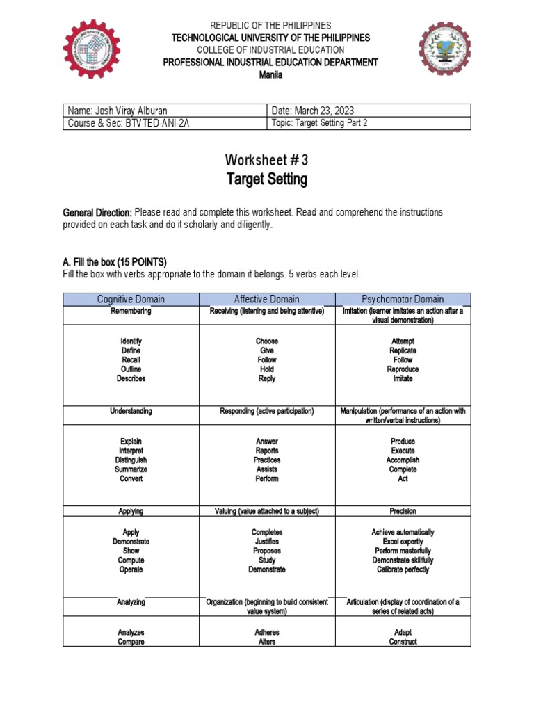 WORKSHEET 3 - Target Setting | PDF | Learning | Imitation