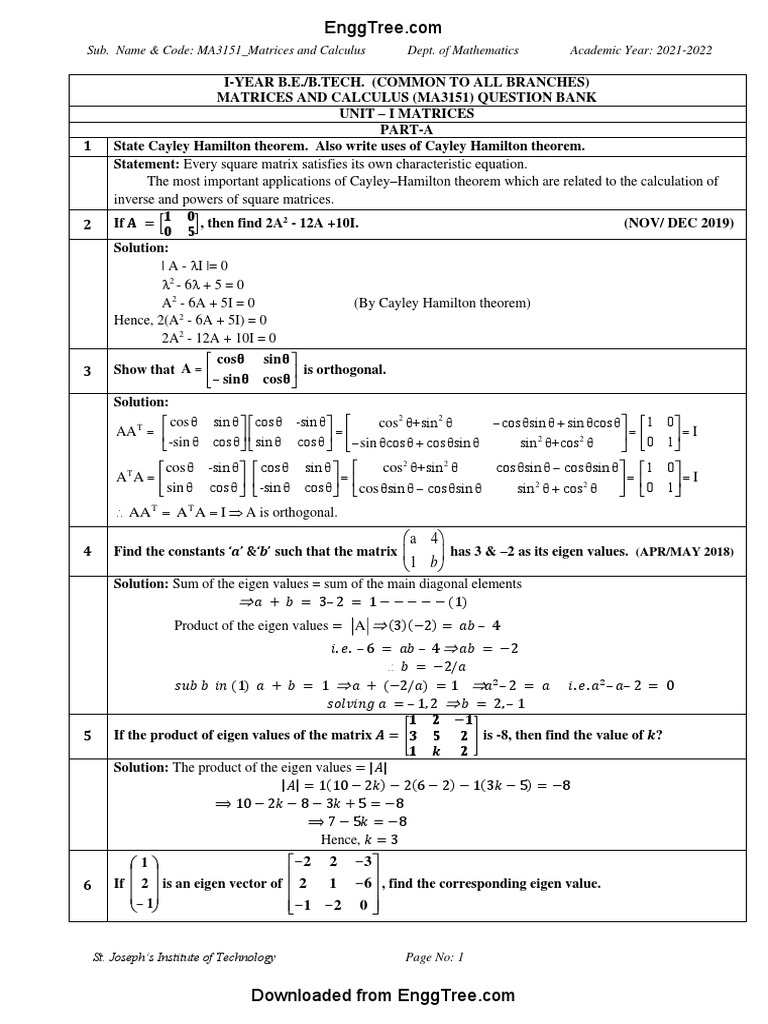 Sub. Name & Code: MA3151 - Matrices and Calculus Dept. of Mathematics ...