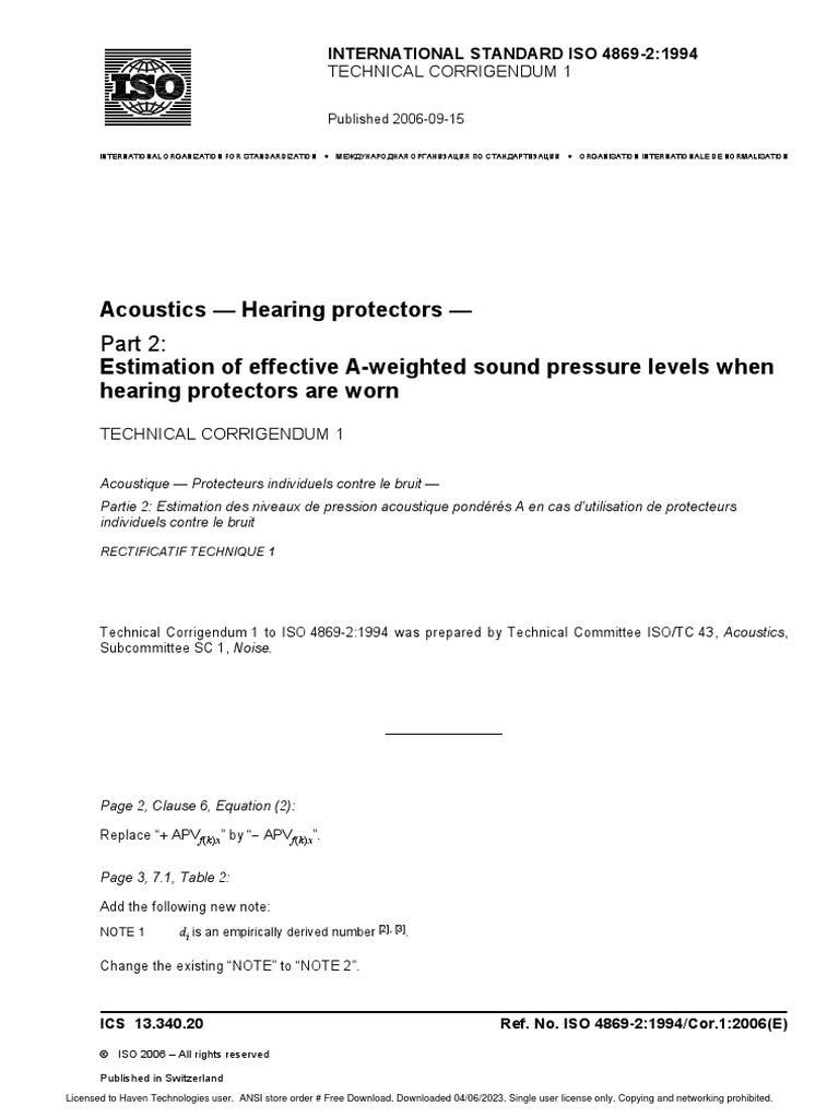 ISO 4869-2 Cor1-2006 | PDF ISO 4869-2 Cor1-2006 | PDF