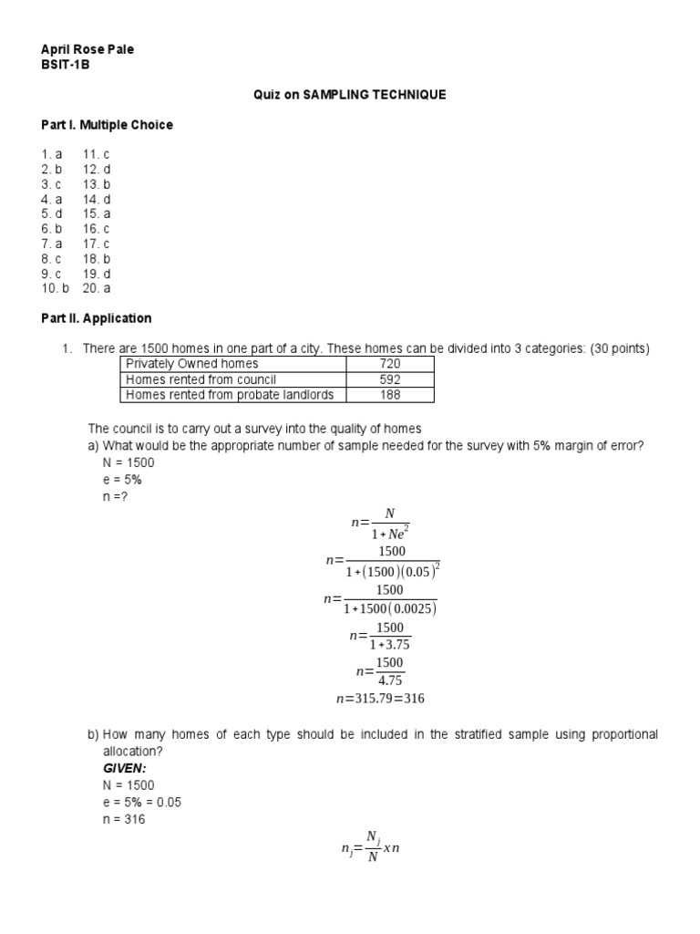 April Rose Pale Bsit-1B Quiz On Sampling Technique Part I. Multiple ...